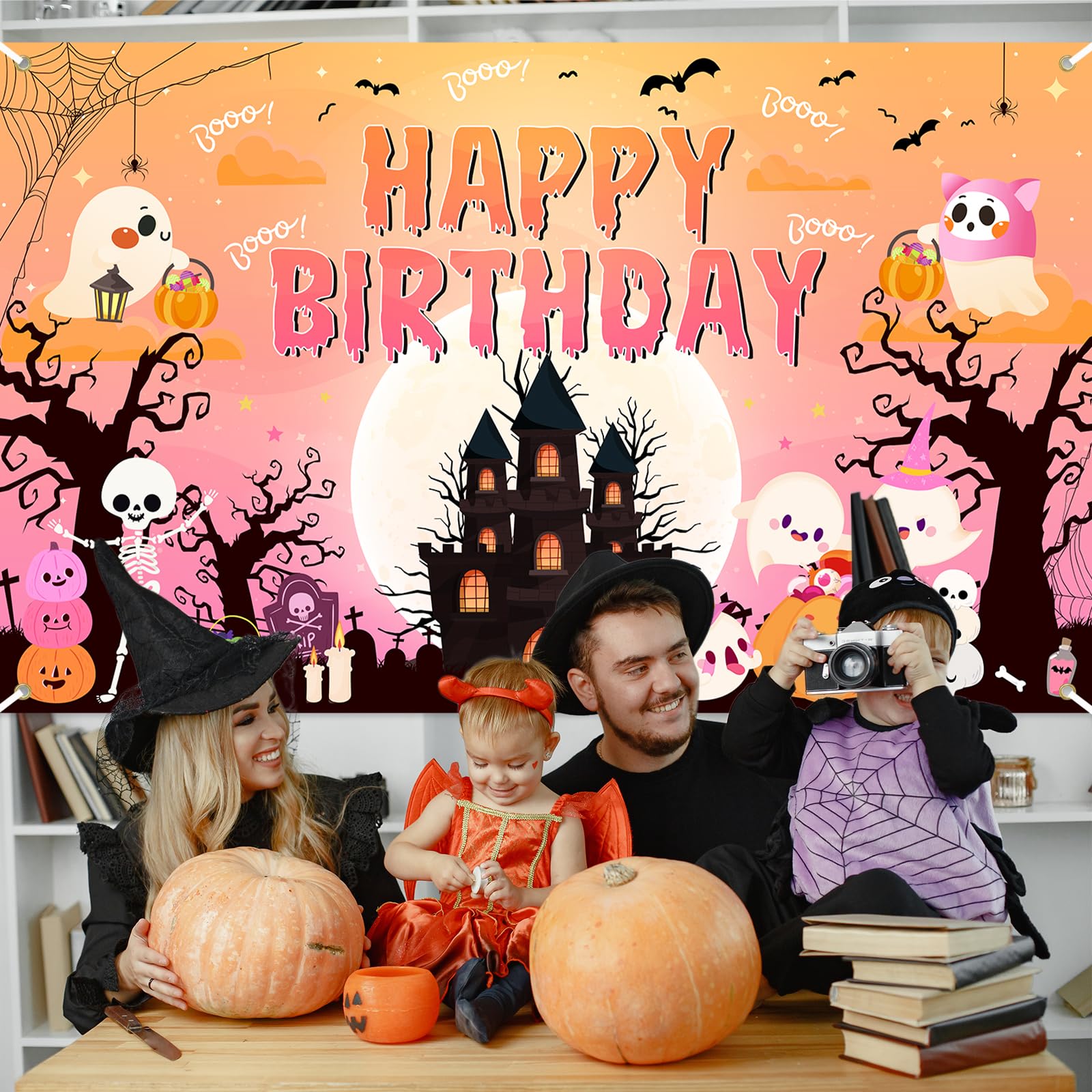 Lecheme Pink Halloween Birthday Backdrop Happy Birthday Halloween Banner Cute Halloween Backdrop for Girls Birthday Halloween Birthday Party Decorations