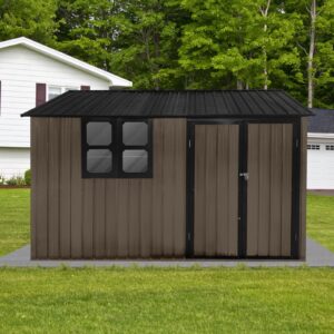 ACQCA 10FTx8FT Outdoor Metal Storage Garden Sheds with Window and Punched Vents,Galvanized Garden Gazebos Shed,w/Hinged Door & Padlock,for Storing Bicycles,Lawnmowers,Easy to Assemble,Brown