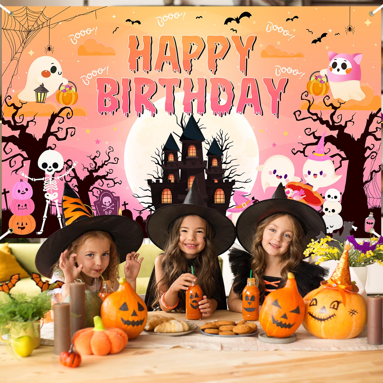 Lecheme Pink Halloween Birthday Backdrop Happy Birthday Halloween Banner Cute Halloween Backdrop for Girls Birthday Halloween Birthday Party Decorations