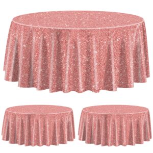 3 pack pink rose gold tablecloths for round table, 84x84'' rose gold sequin printed plastic round table cover, rose gold glitter party decorations for girls birthday wedding graduation princess party