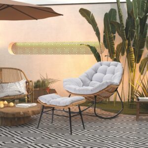 apepro wicker rocking chair with footstool,patio rocking chairs with thickened cushions,outdoor rocking chair glider rocking chair,light grey