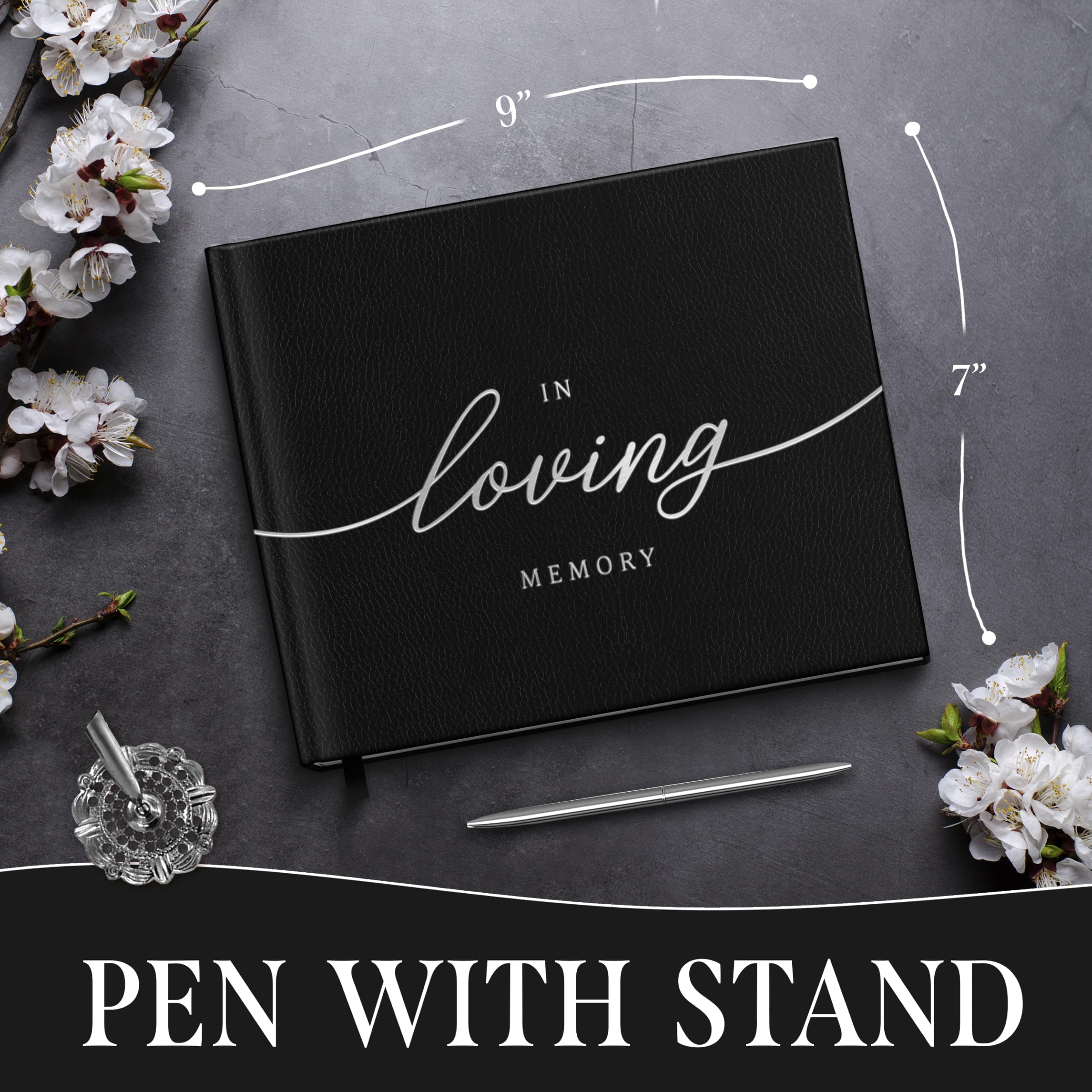 WPF Supplies in Loving Memory Funeral Guest Book 9¨x7¨, Black Funeral Guest Book for Memorial Service with Silver Pen and Holder, Memorial Service Guest Book, Funeral Registry Book