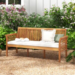 Tangkula Patio 3-Seat Wood Bench, 62.5 Inches Long Acacia Bench with Soft Seat Cushions, Ergonomic Backrest & Armrests, Outdoor Bench Seat for Balcony, Porch, Garden (Off White)