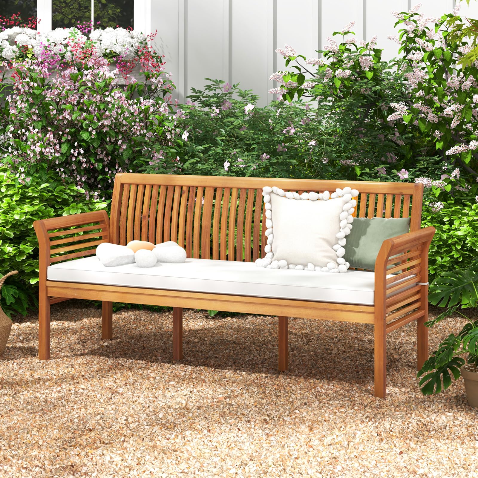 Tangkula Patio 3-Seat Wood Bench, 62.5 Inches Long Acacia Bench with Soft Seat Cushions, Ergonomic Backrest & Armrests, Outdoor Bench Seat for Balcony, Porch, Garden (Off White)