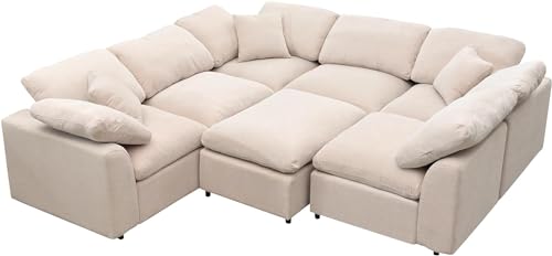 FANYE Oversized Free Combine Cushions Sectional Sofa Cum Sleep Sofabed, Deep Seat Modular Sofa&Couch W/Movable Ottoman Convertible Spacious Sleeper Couch Bed for Living Room, Down Stairs