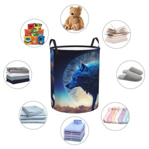 Large Laundry Basket with Handles - Moonlit Blue Wolf Baby Kids Dirty Clothes Laundry Hamper