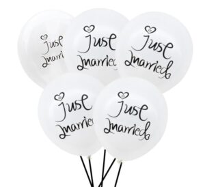 pfylinqo 100 pcs celebration of just married balloons, 12 inch "just married" letter print white balloon for garland arch, party latex balloons for bride wedding anniversary party decoration supplies