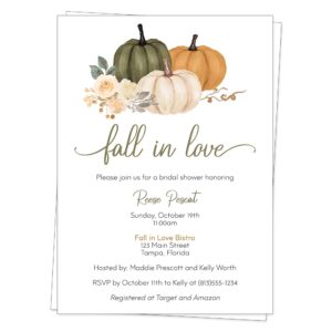 pumpkin bridal shower invitations fall in love floral autumn fall pumpkins sage olive green orange floral customize personalize printed cards (12 count)