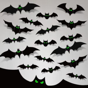 bats halloween decorations indoor, 110 pcs halloween bats with glow in the dark eyes, 3d bats for halloween wall decor, 5 styles, 136 pcs of double-sided tape included