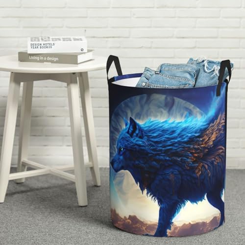 Large Laundry Basket with Handles - Moonlit Blue Wolf Baby Kids Dirty Clothes Laundry Hamper