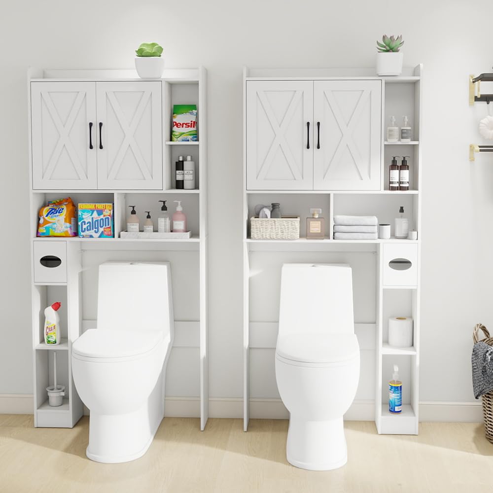 FZBYQWD Over The Toilet Storage Cabinet, Farmhouse Storage Cabinet Over Toilet with 2 Barn Door & Toilet Paper Holder Stand，Home Space-Saving Toilet Rack