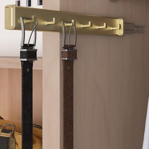 Kitchen Inventions 6-Hook Designer Wardrobe Reversible 13.75" Length Closet Belt Rack with 12" Retractable Pullout Extension and Installation Hardware (Matte Brass)