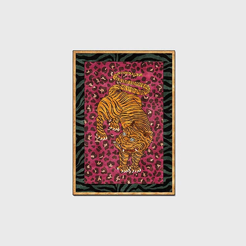 Boho Pink Tiger Rug 5x8 ft Leopard Print Rug Animal Print Area Rug for Bedroom Yellow Tiger Carpet for Living Room Non-Slip Washable Tiger Carpet