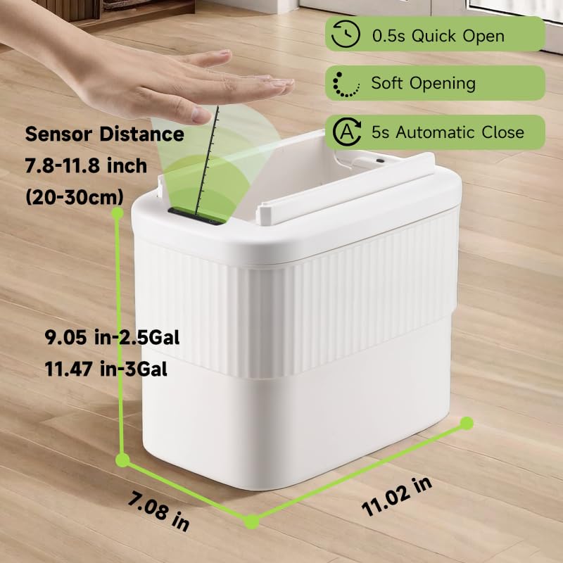 Ornato Sensor Trash Can with Automatic Lid 3 Gallon,Hanging Motion Sensor Garbage Can, Bathroom Trash Cans,Smart Trash Bin, Mountable/Desk for Kitchen Compost Bin,Liveroom,Office,Cream White/White