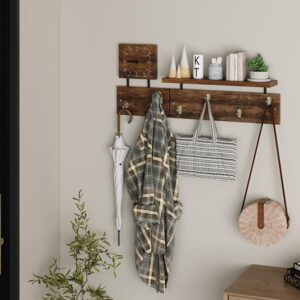 X-cosrack Coat Rack Wall Mount, Wooden Wall Mounted Storage Rack with Clock and 6 Hooks，Hanging Coat Rack with Shelf for Entryway, Bathroom, Living Room, Bedroom