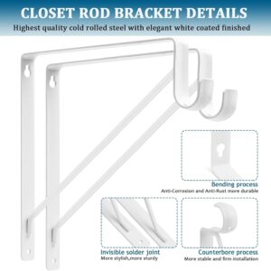 6PCS Heavy Duty White Closet Rod Brackets 11 x 11 Inch,1-3/8Inch Diameter Shelf and Rod Bracket Holder for Home and Closet Decor, Wall Mount Closet Pole Supports Bracket Hook with Screws