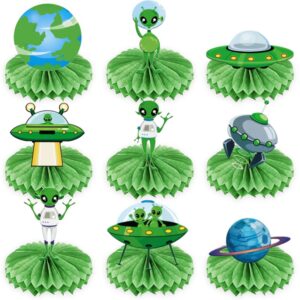 9 pcs alien party decorations honeycomb centerpiece table topper ufo themed green alien outer space party supplies for kids adults birthday party baby shower halloween decor