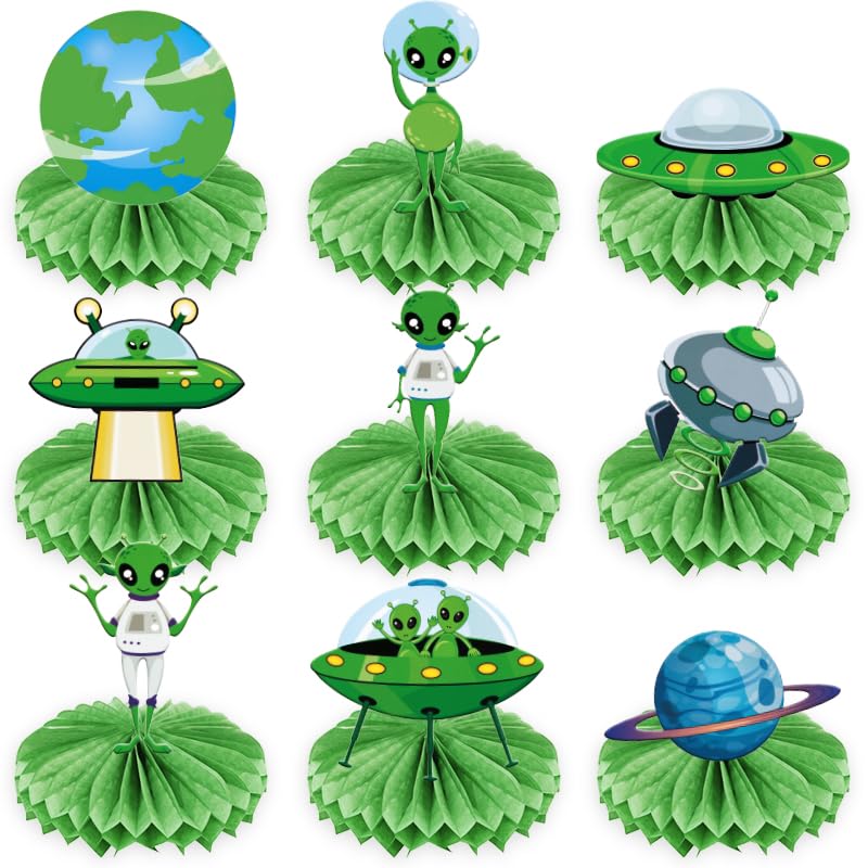 9 Pcs Alien Party Decorations Honeycomb Centerpiece Table Topper UFO Themed Green Alien Outer Space Party Supplies for Kids Adults Birthday Party Baby Shower Halloween Decor