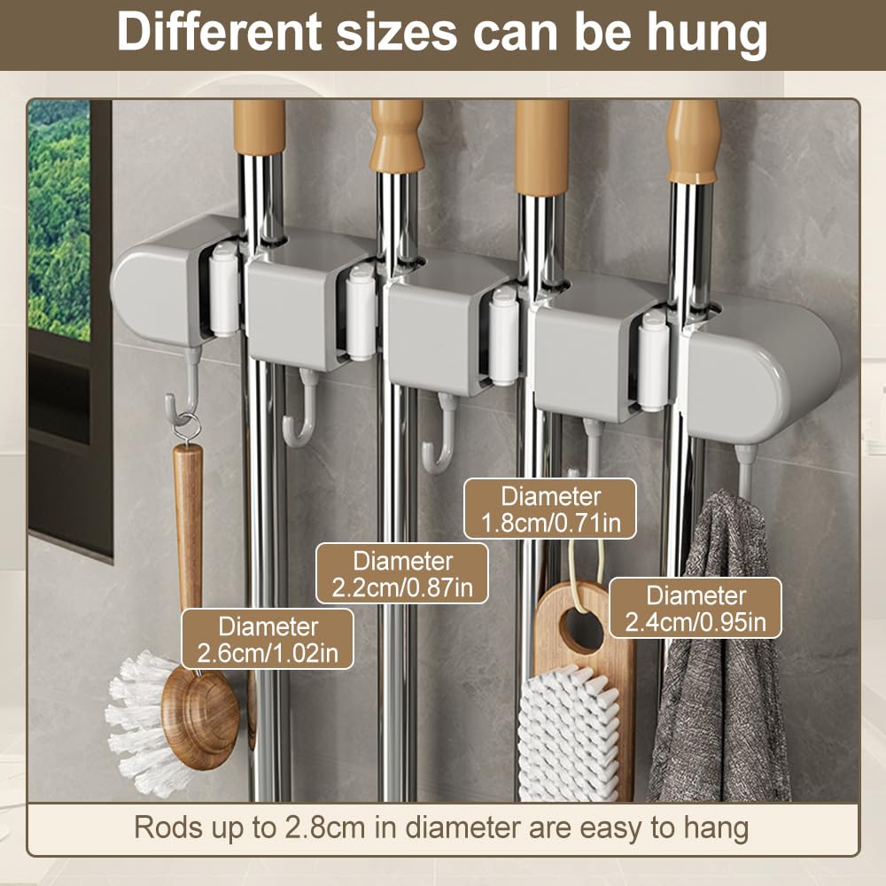 XieJY 2024 New Multifunctional Mop Holder with Hook, Punch Free Mop and Broom Holder Wall Mount Broom Rack, Broom Organizer Storage Tool Racks Heavy Duty Self Adhesive Mop Holder Wall Mounted (1)