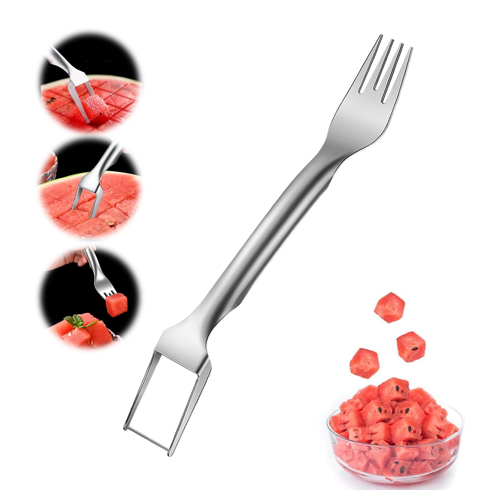 Watermelon Fork Slicer Cutter, 2-in-1 Stainless Steel Fruit Cutter, Summer Portable Watermelon Cutter Melon Cutter Tool, Multifunctional Fruit Fork for Home Kitchen,Camping