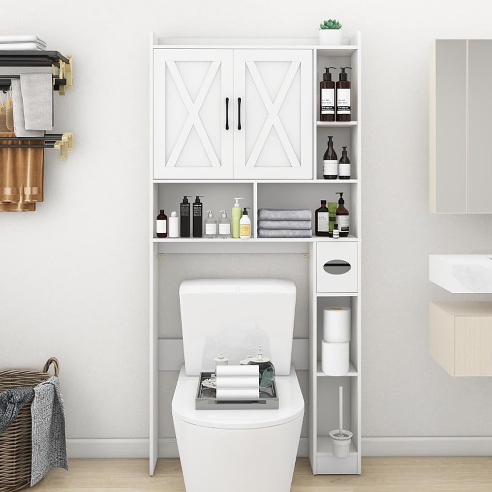 FZBYQWD Over The Toilet Storage Cabinet, Farmhouse Storage Cabinet Over Toilet with 2 Barn Door & Toilet Paper Holder Stand，Home Space-Saving Toilet Rack