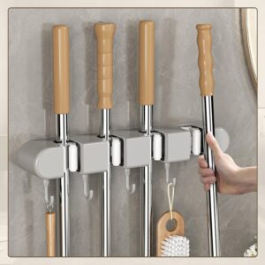 Multifunctional Mop Holder with Hook, 2024 New Punch Free Mop and Broom Holder Wall Mount Broom Rack, Broom Organizer Storage Tool Racks Heavy Duty Self Adhesive Mop Holder Wall Mounted (White)