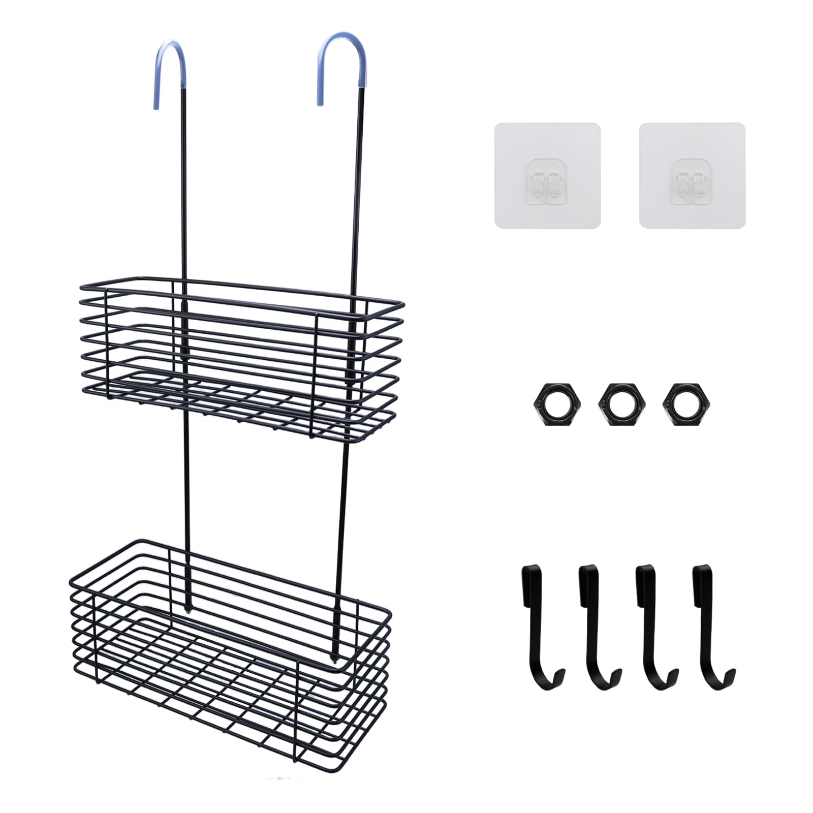 Semetall Hanging Shower Rack Black Shower Caddy Hanging with Hooks-No Drilling-the Back Hook Can be Rotated- Hung on the Faucet or Cross Bar-304 Stainless Steel-(Double Shelves)