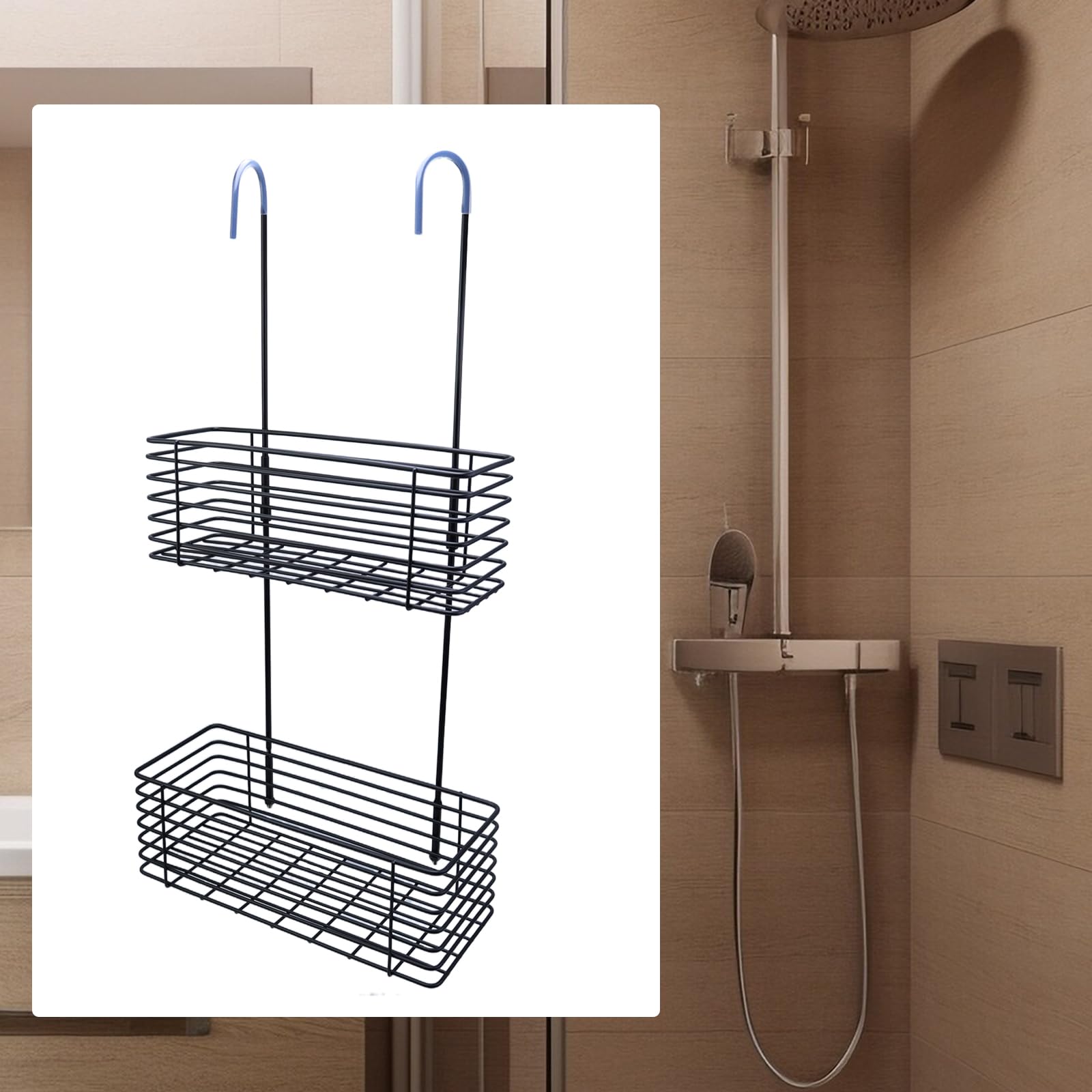 Semetall Hanging Shower Rack Black Shower Caddy Hanging with Hooks-No Drilling-the Back Hook Can be Rotated- Hung on the Faucet or Cross Bar-304 Stainless Steel-(Double Shelves)