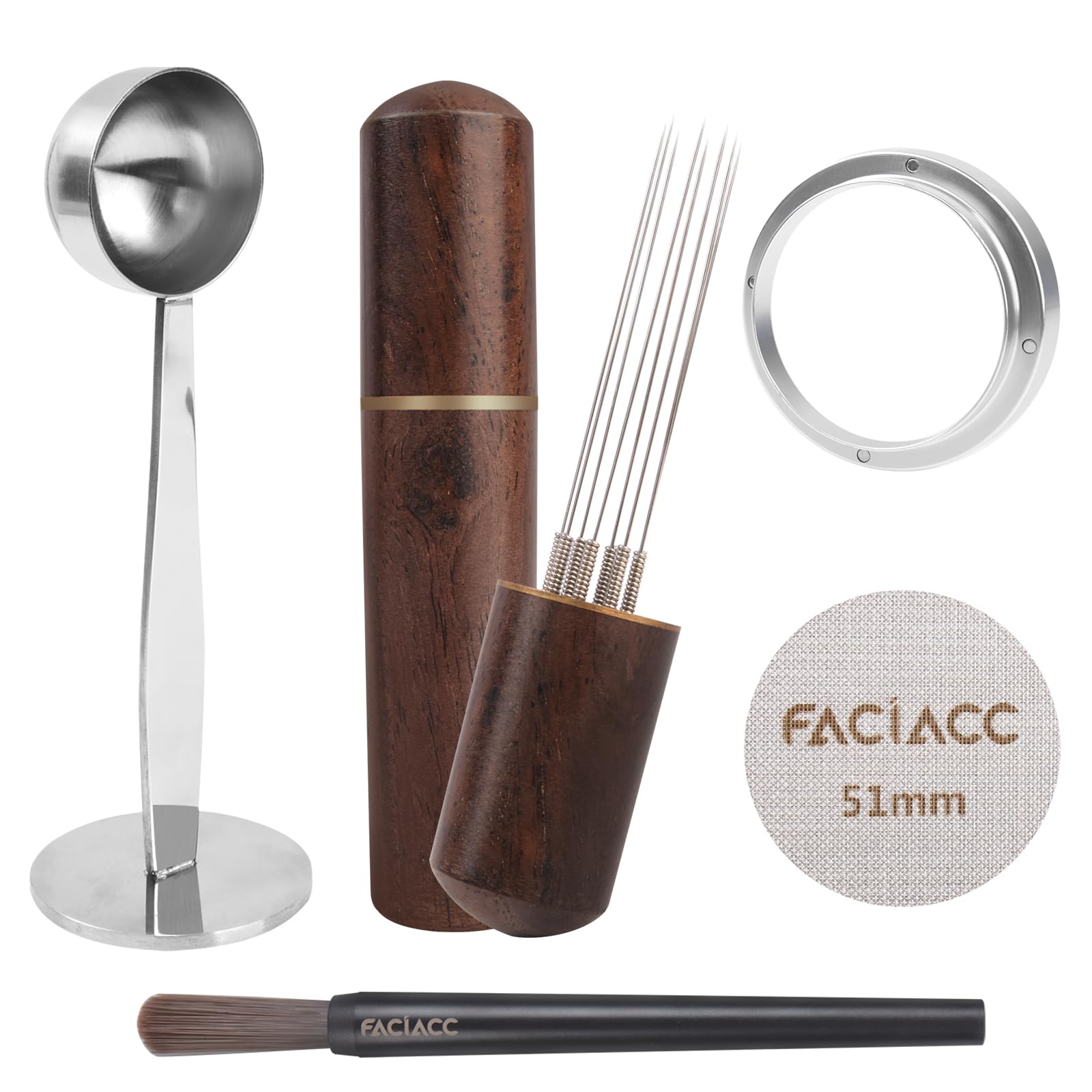 FACIACC 51mm Espresso Accessories Kit, Wdt Tool espresso, Dosing Funnel & Puck Screen Kit, 2 in 1 51mm Espresso Tamper & Coffee Spoon, Barista Kit, Espresso kit Stainless Steel 8pin Espresso Stirrer