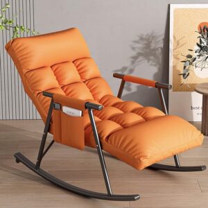 generic patio nursery rocking chair indoor padded cushion rocker recliner chair for front porch sunroom comfy rocking lounge chair for napping relaxing reading, orange