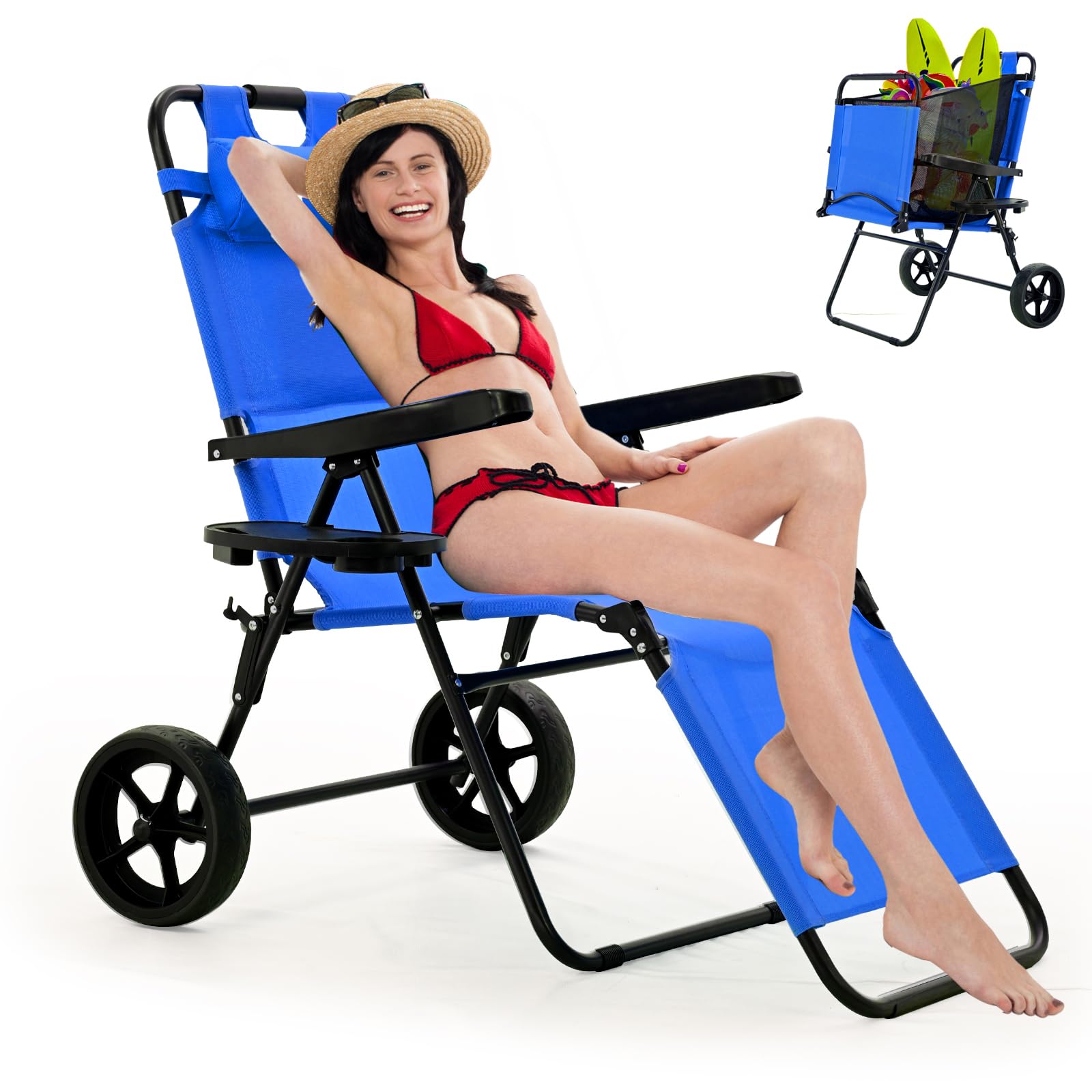 DoCred Beach Cart Chair - 2 in 1 Foldable Beach Chair with Wheels, Beach Lounge Chair, Chair Wagon Beach Cart with 5 Positions for Beach, Backyard, Pool, Camping or Picnic