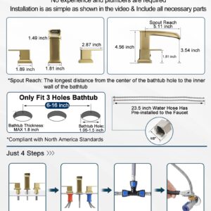 HOIGY Roman Bathtub Faucet Deck Mount 3 Hole, Brass Waterfall Faucet for Bathtub 6-16 Inch, Brushed Gold Tub Faucet Set 2 Handle, High Flow Widespread Bathtub Faucets with Water Hoses for Hotel