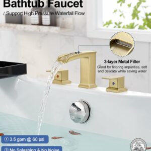 HOIGY Roman Bathtub Faucet Deck Mount 3 Hole, Brass Waterfall Faucet for Bathtub 6-16 Inch, Brushed Gold Tub Faucet Set 2 Handle, High Flow Widespread Bathtub Faucets with Water Hoses for Hotel