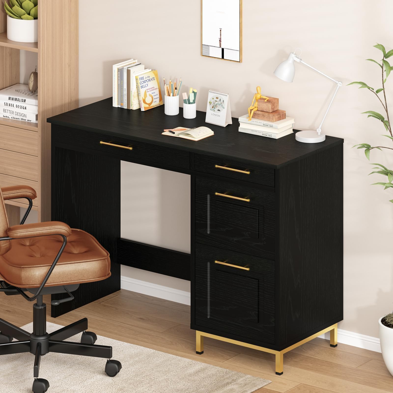 4 EVER WINNER Black Desk with Drawers, 43” Home Office Desk with Storage, Golden Handle for Bedroom, Black and Gold Desk Study Writing Desk for Small Space, Black