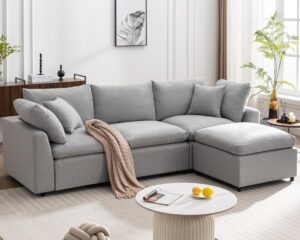 taiweny down filled convertible modular sectional sofa, modern modular 3-seat l-shape sofa couch with convertible ottoman, cloud sofa couch with feather filled for living room apartment(light grey)