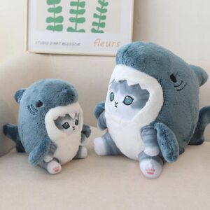 eoxoe Kawaii Shark Cat Plush Toy Stuffed Animal Doll, Cute Soft Pillow Stress Release Hugs Toys Christmas Halloween Birthday Gifts for Kids Boys Girl Best Gift (Blue - Grey,9 inch)