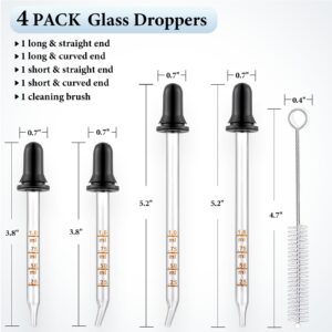 4 Pack 1ml Glass Eye Dropper with Measurement, Glass Medicine Droppers Tool, Long & Short, Bent & Straight Tip Calibrated Pipettes Dropper, Accurate Dose Dropper Measurer for Essential Oils Ear Lab