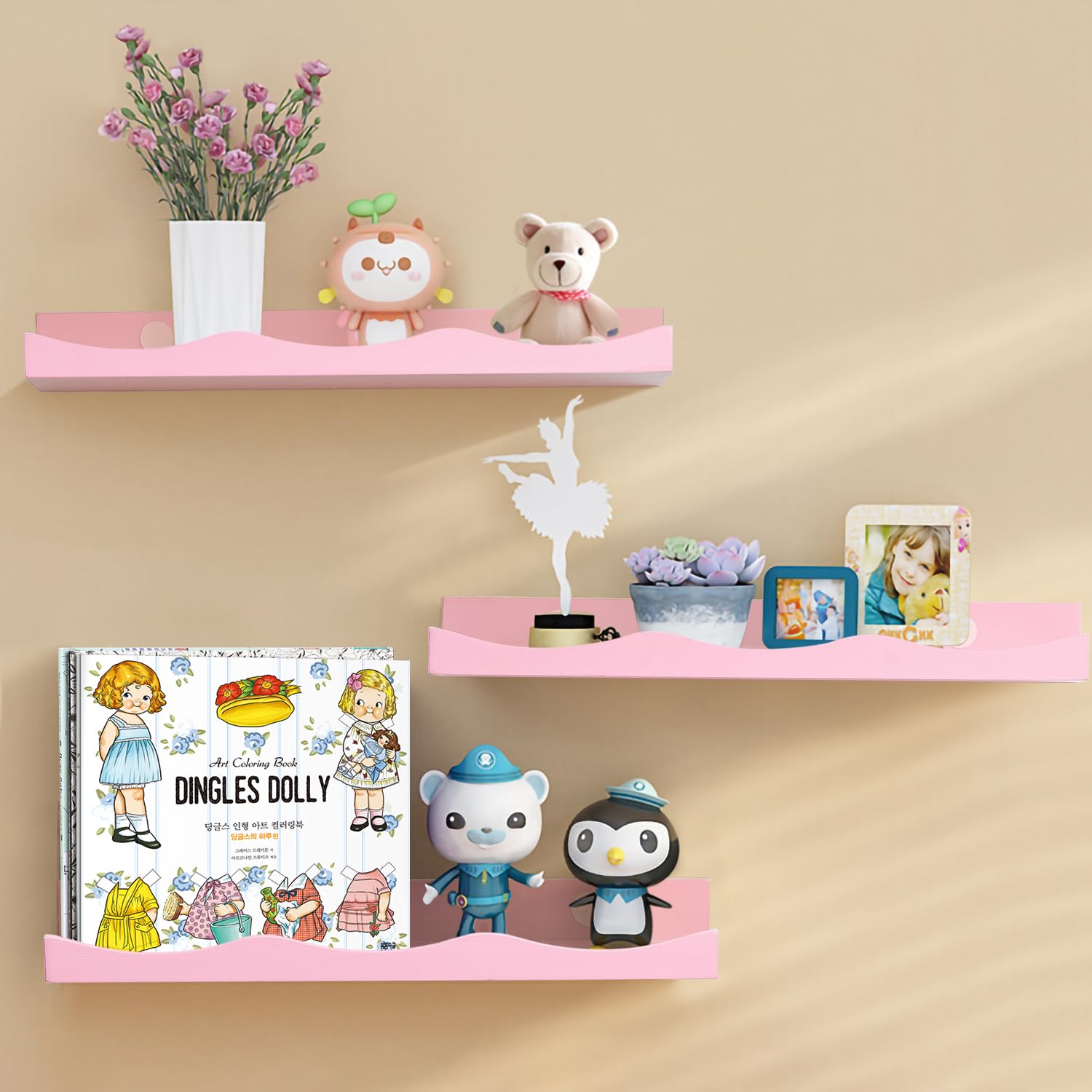 AZSKY Floating Bookshelf for Kids, Floating Shelves for Wall Cloud Picture Ledge Shelf Pink16 Inches Nursery Book Shelves Set 3, Baby Book Shelf for Kids Room, Toddler Room, Baby Room, Nursery Decor