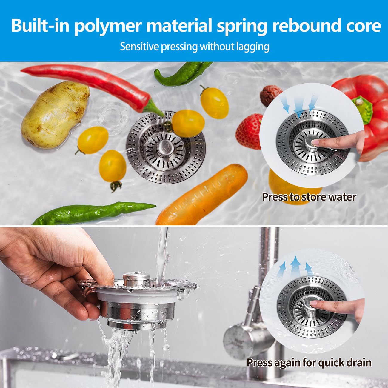 AAEJE【2024 New Upgrade】 3 in 1 Kitchen Sink Drain Strainer，Stainless Steel Pop Up Sink Drain Strainer，Kitchen Sink Stopper for US Standard 3-1/2" Drain