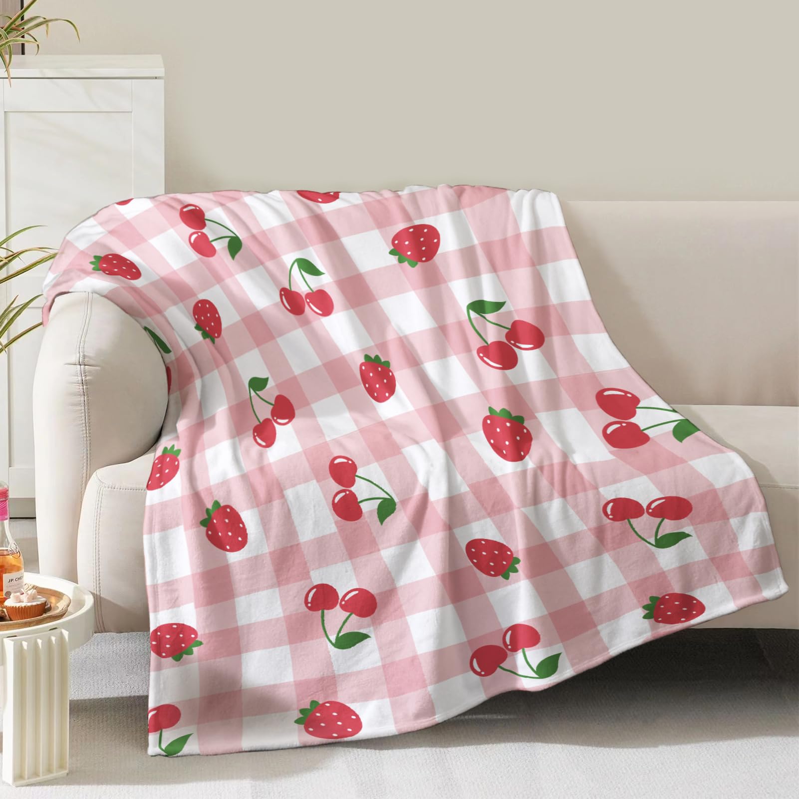 Strawberry Cherries Blanket Gifts for Women Girls Mom Birthday Christmas Valentines Presents Pink Fruit Theme Decor Bedroom Living Room Sofa Couch Soft Cozy Plush Kids Adults Teen Fleece Throw 60"x50"