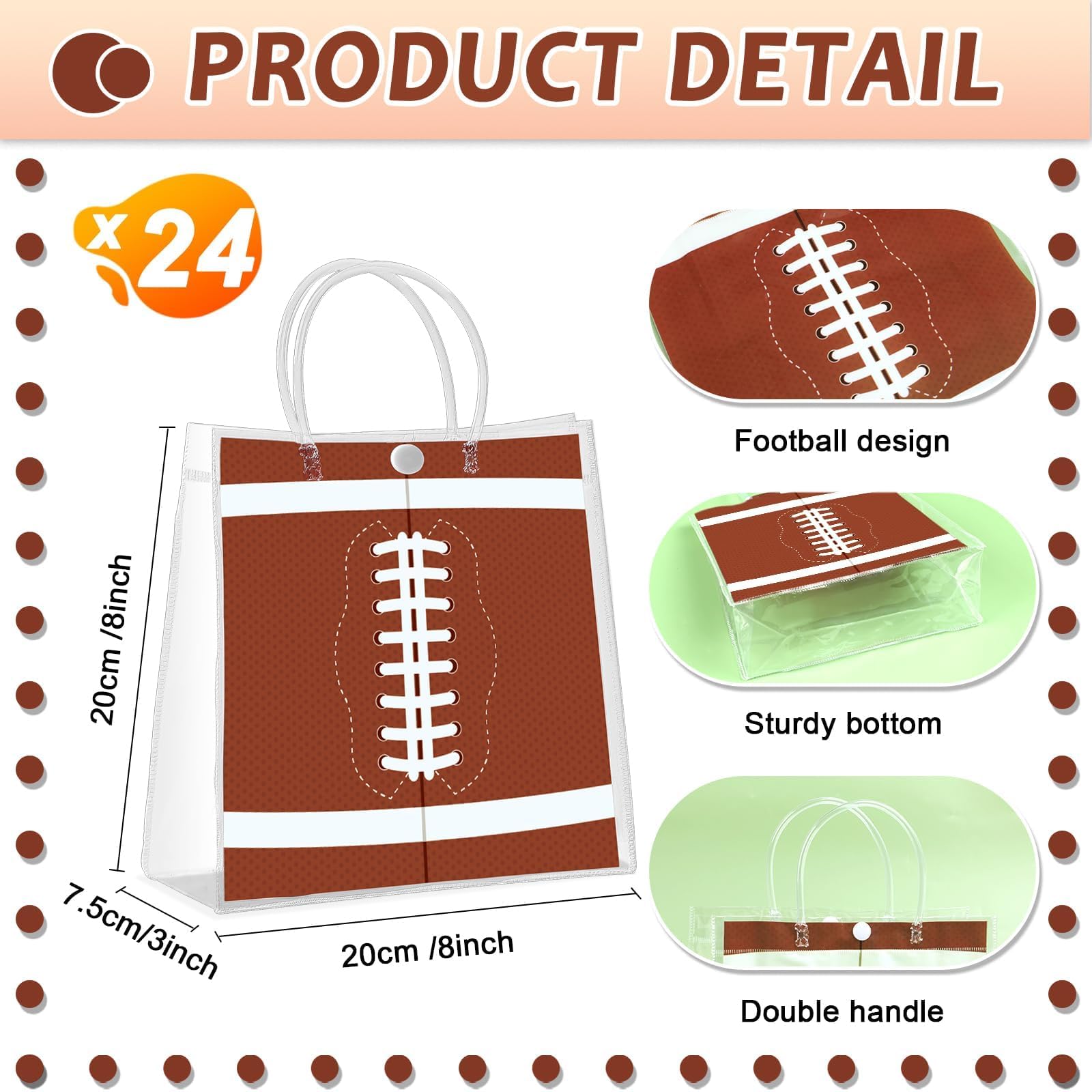 Lonfliness 24Pcs Football Clear PVC Gift Bags With Handles Bulk Sport Theme Goodie Treat Candy Bags Rugby Team Present Wrap Tote Bags for Boys Birthday Party Favor Baby Shower Decorations Supplies