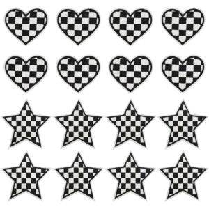 16pcs black&white checkered heart&star western iron on embroidered set, contains 8 heart patches and 8 star patches, black&white embroidered sew on patch applique embellishments for jeans, hat