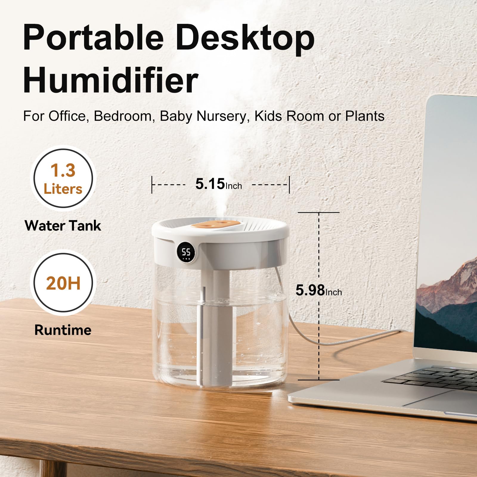 Smart Humidifier for Bedroom, Home, Great Room, Nursery, Office, 1.3L Cold Mist Top Fill 20 Hours Extra Long Use Time for Fast Relief, 26dB, 360° Dual Nozzles, Easy to Fill and Clean, BPA-Free