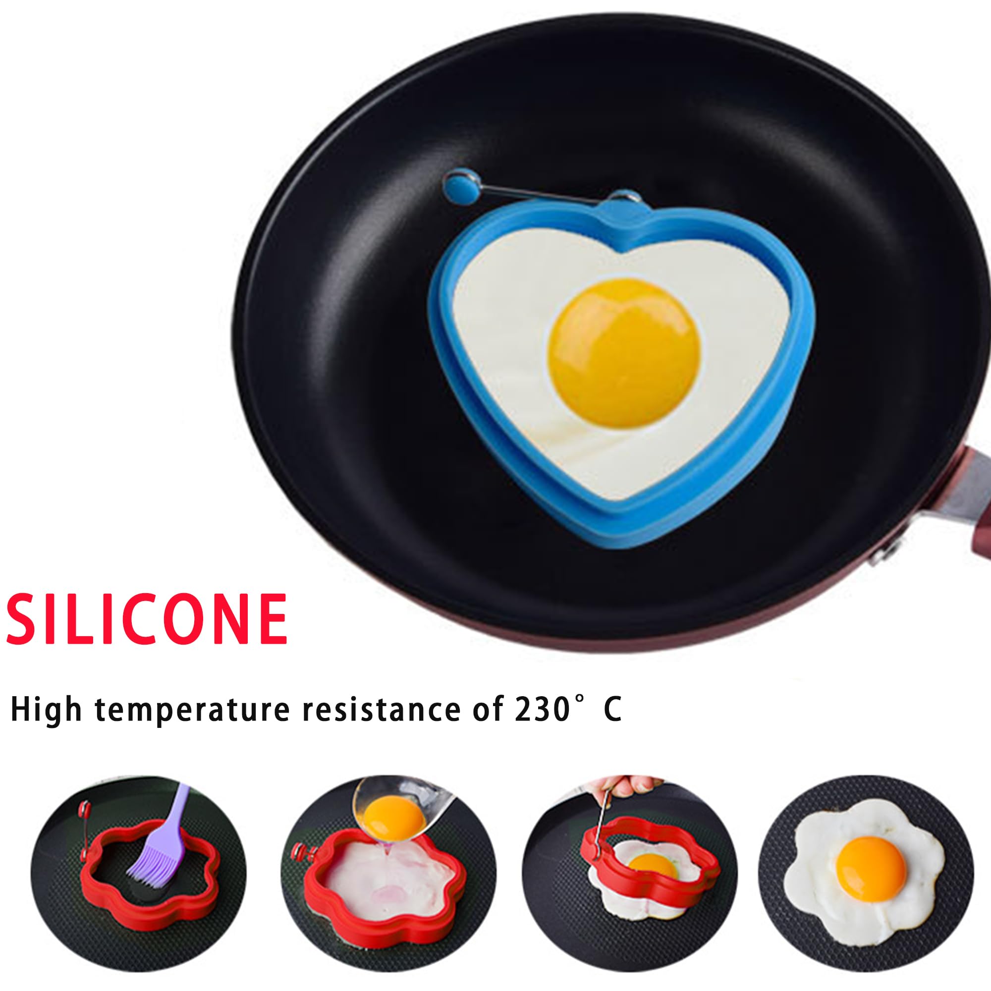 6 Packs Silicone Egg Rings, Heat Insulation Handles, Flexible Egg Rings for Frying Eggs Nonstick, Up to 230°C/446°F (Blue)