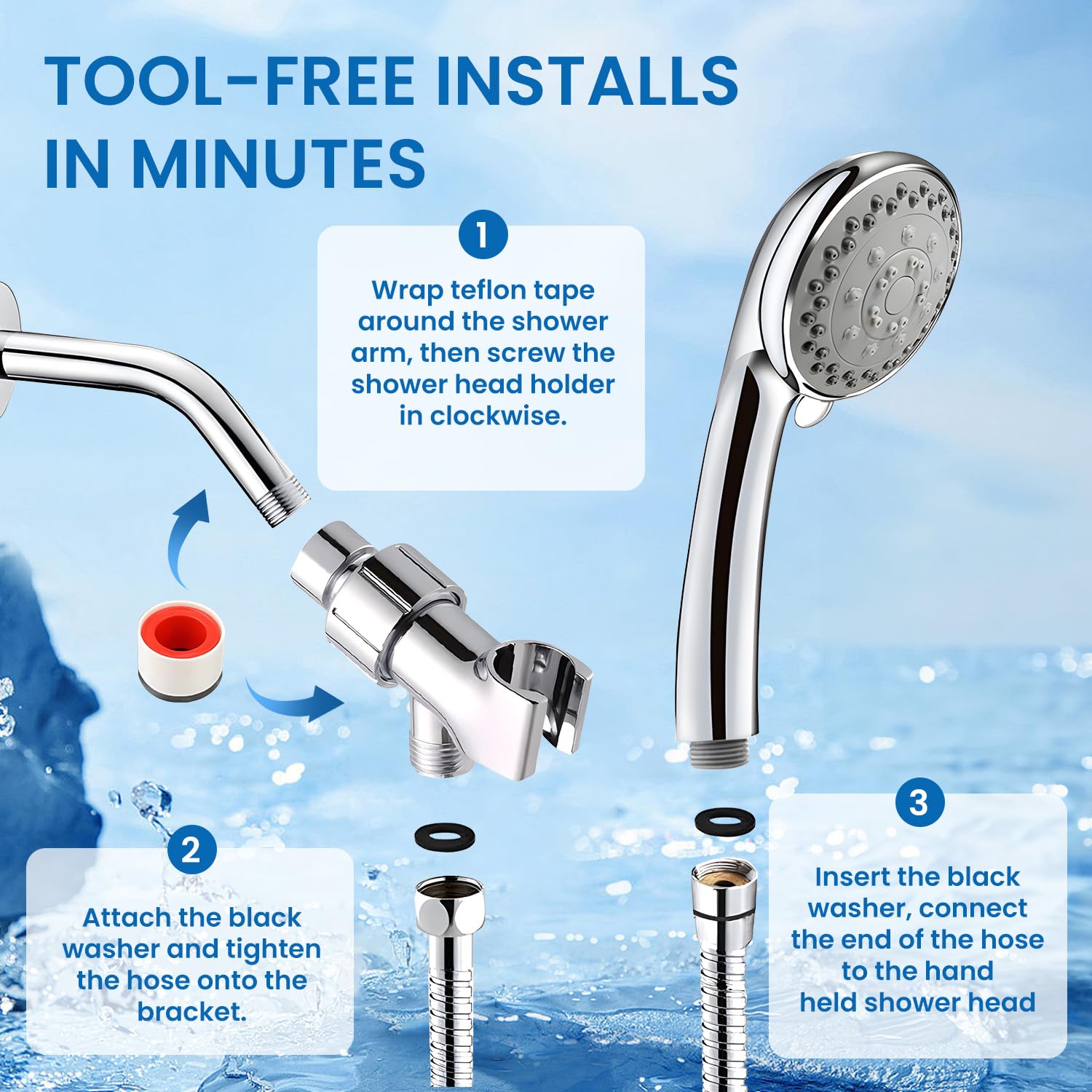 Shower Head, Axioblis 5 Function High Pressure Handheld ShowerHead with Shower Hose and Adjustable Bracket, Velynda