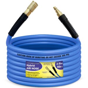 air compressor hose 3/8 in x 50 ft, 300 psi heavy duty hybrid air hose with quick coupler and plug kit, lightweight, kink resistant, all weather flexibility with bend restrictors, blue