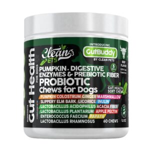 gut health probiotics for dogs with pumpkin, colostrum, digestive enzymes, ginger, slippery elm, licorice, inulin fiber & more | beef flavor soft chews digestion dog supplement by clean pets