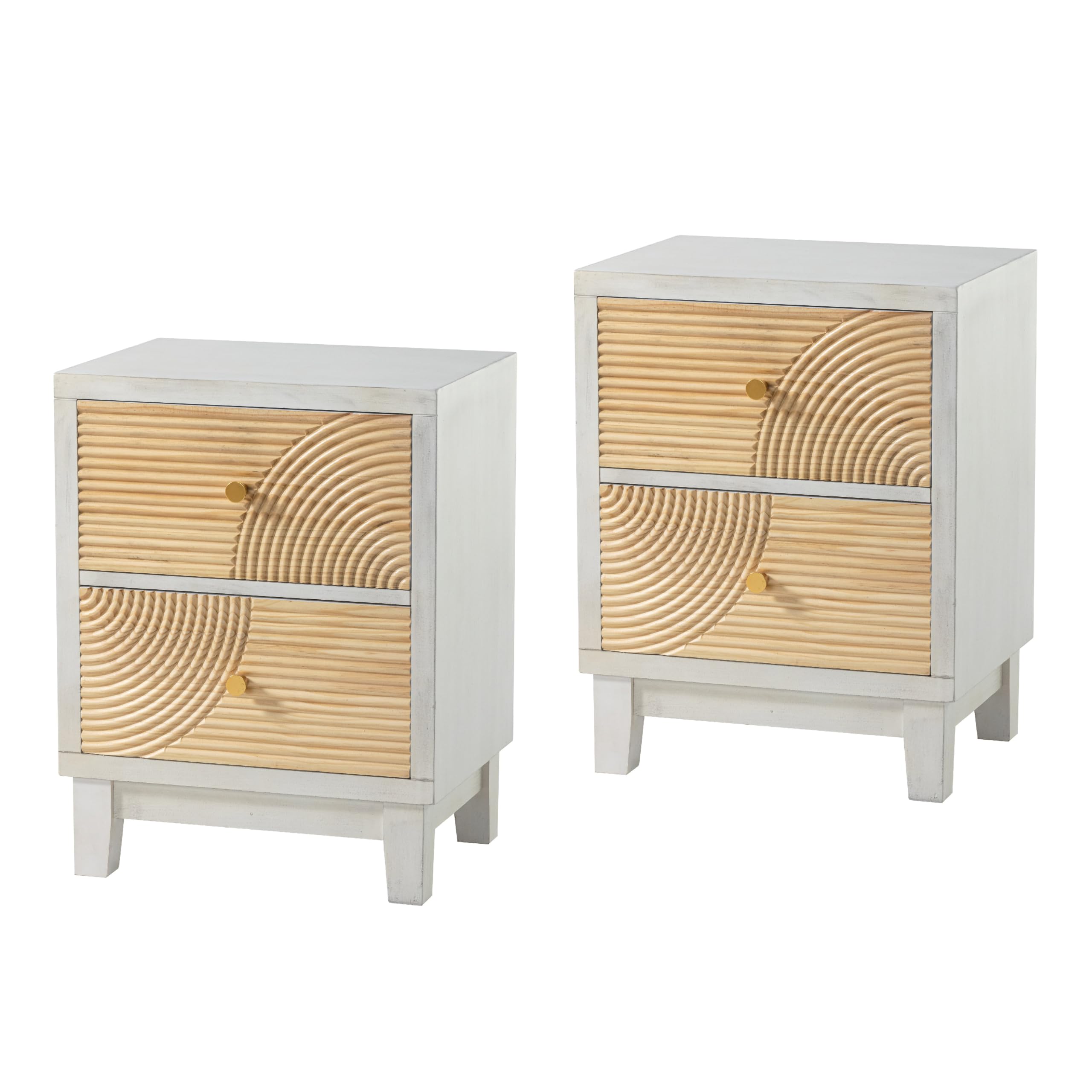 COZAYH 2-Drawer Farmhouse Nightstand X 2P, Mid Century Nightstand Fully Assembled with Handcrafted Wood Ring Pattern for Boho, Mid-Century, Rustic Style, White