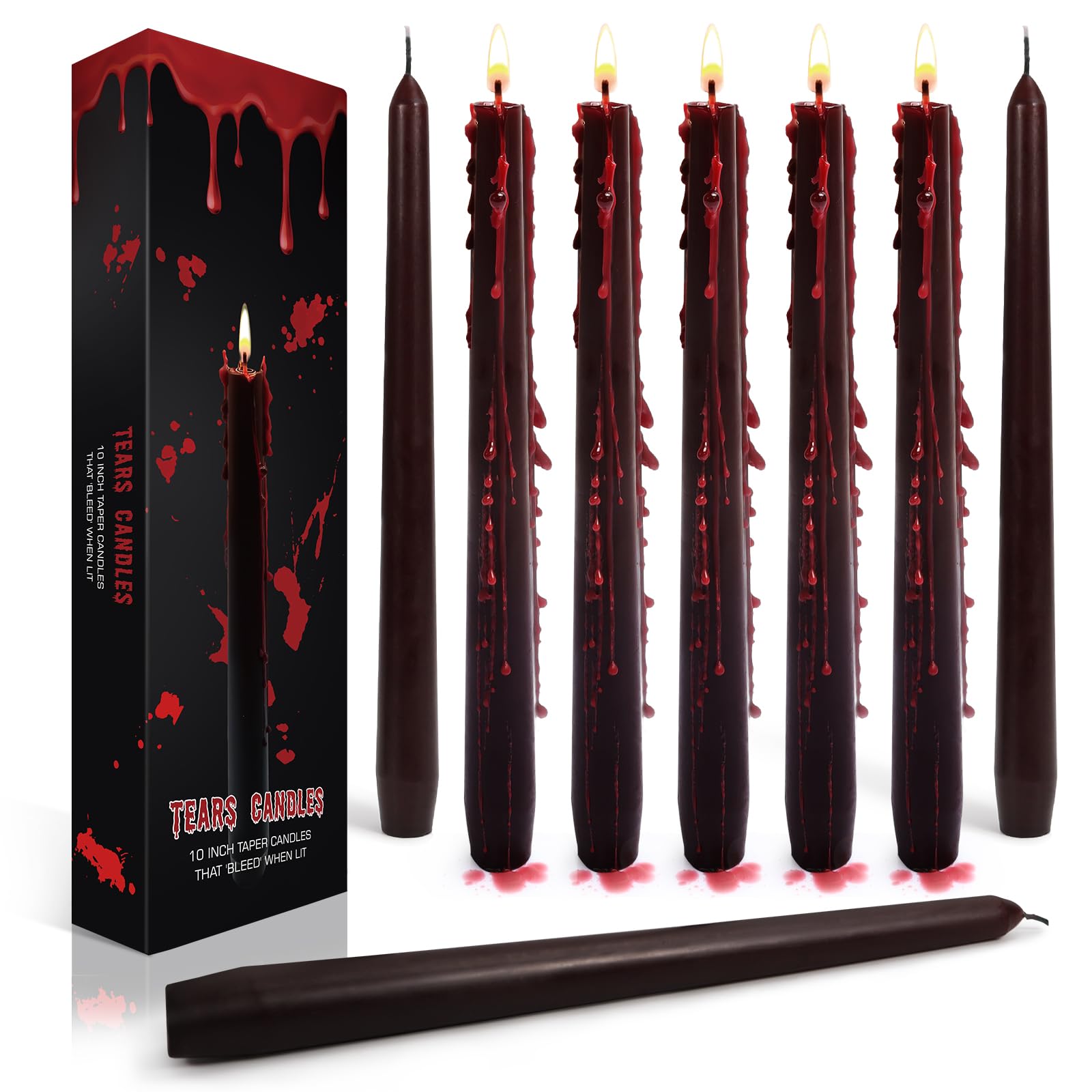 Set of 8 Halloween Bleeding Taper Candles 10 inch Black Taper Candles, Tears Taper Candles for Gothic Halloween Decoration