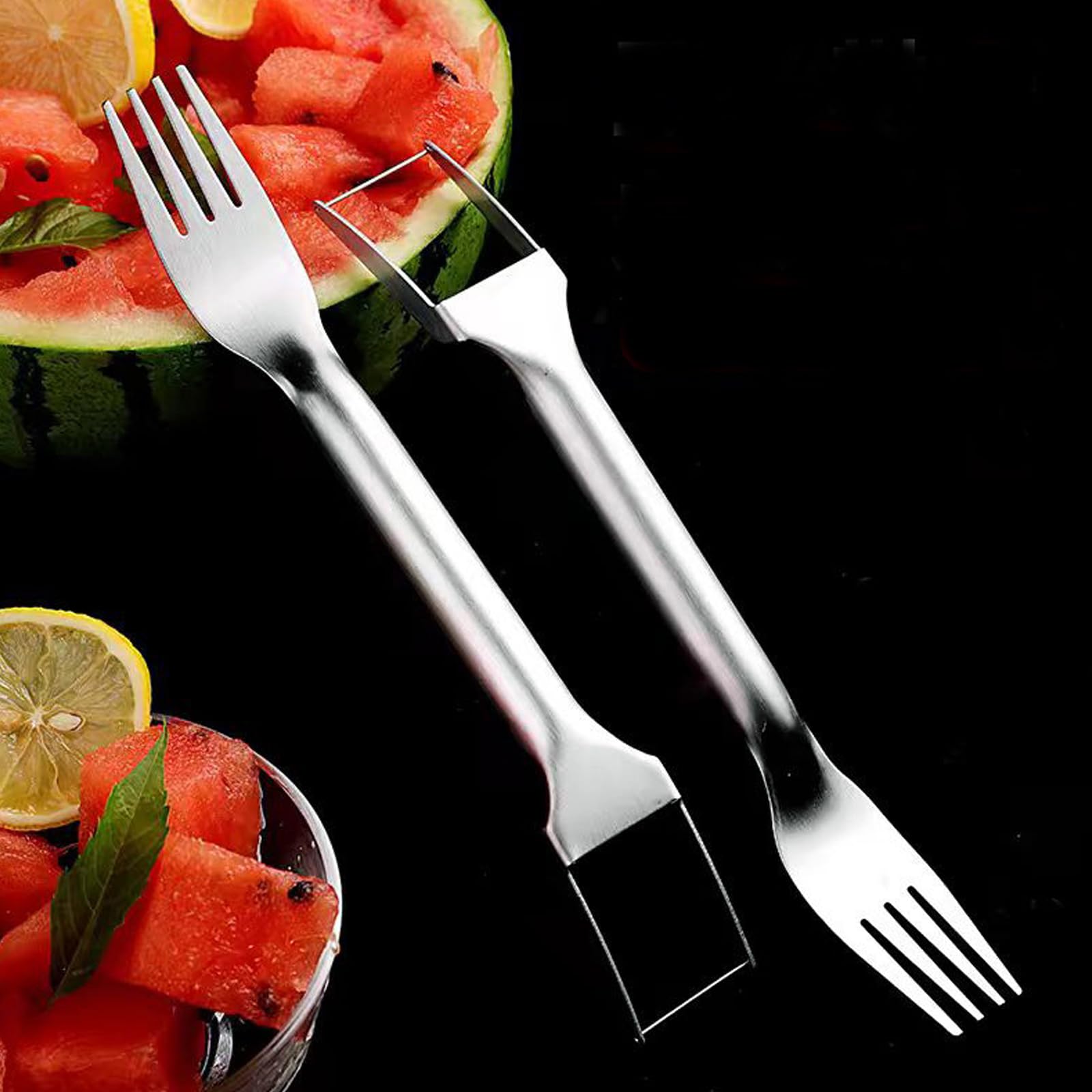 Watermelon Fork Slicer Cutter, 2-in-1 Stainless Steel Fruit Cutter, Summer Portable Watermelon Cutter Melon Cutter Tool, Multifunctional Fruit Fork for Home Kitchen,Camping